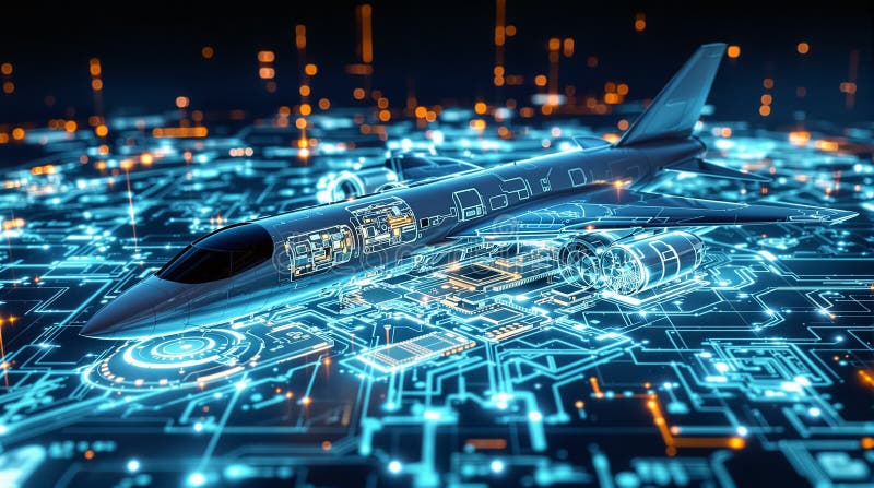 A Modern Jet Showcases Advanced Technology with Glowing Circuits, Set ...