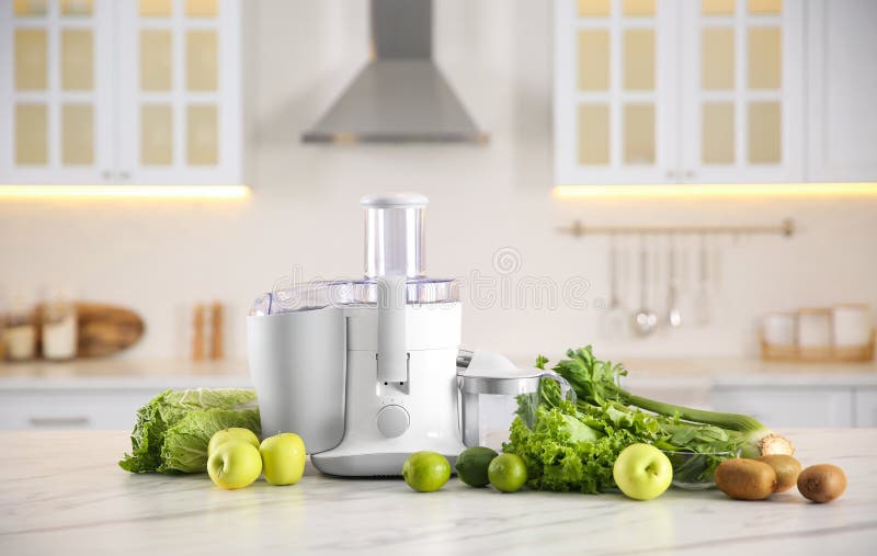 Modern Juicer, Fresh Vegetables and Fruits on Table in Kitchen Stock ...