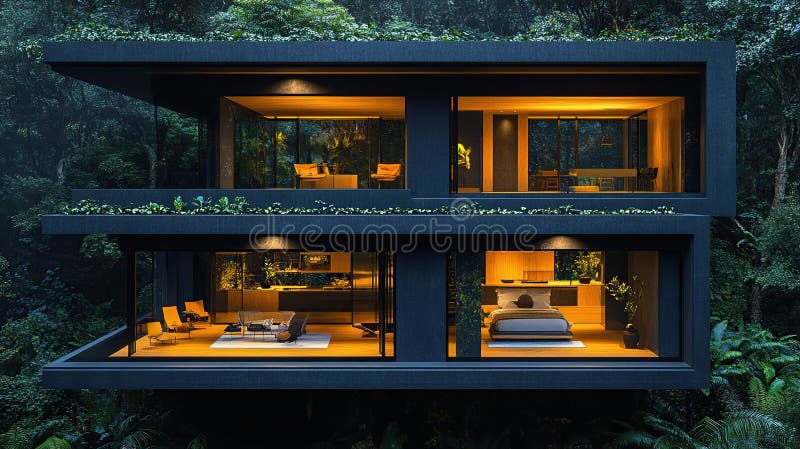 Modern Jungle House with Warm Interior Lighting Stock Illustration ...