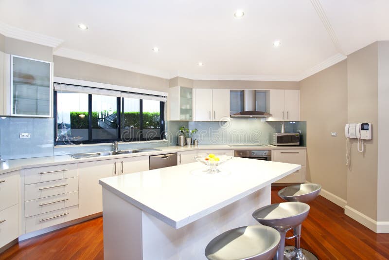 Luxurious Modern Open-Plan Galley Kitchen Stock Photo - Image of ...