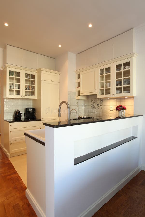 Chrome Fridge in White Kitchen Stock Photo - Image of design, cupboard ...