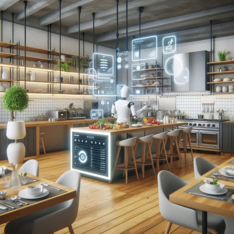 Modern Kitchen with AI Assistant and Digital Interfaces Stock Image ...