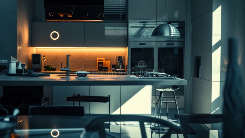 Modern Kitchen with Ambient Lighting and Sleek Design Stock Image ...