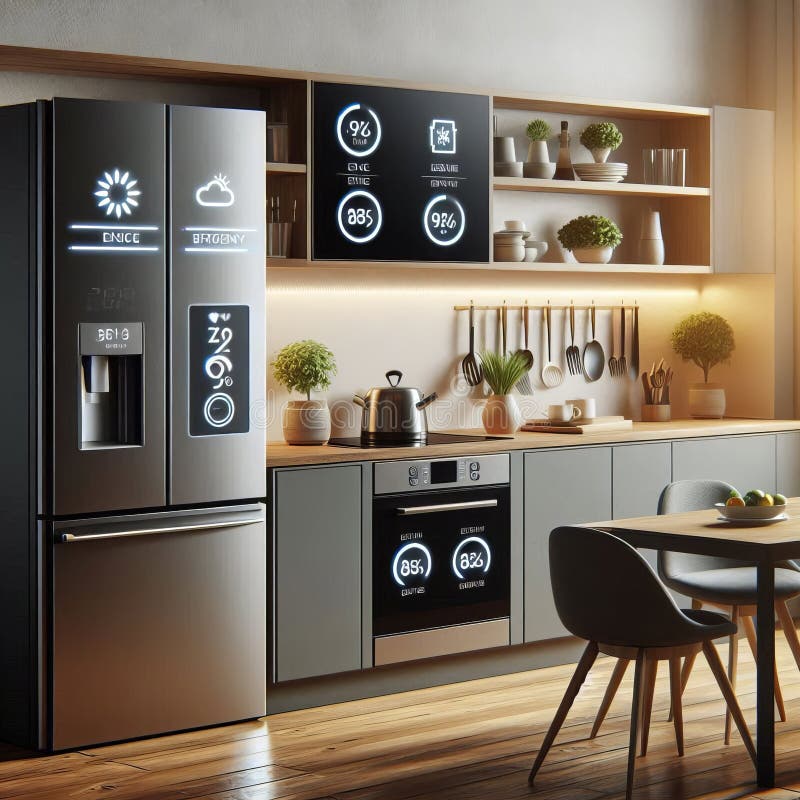 Modern Kitchen Appliances with Energy Saving Labels and Smart Fe Stock ...