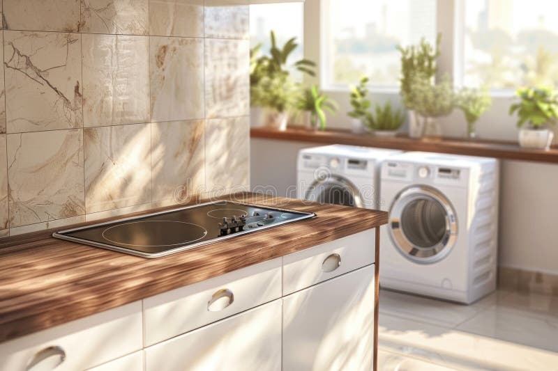 A Modern Kitchen with Appliances Installed on Walls, Featuring a Washer ...
