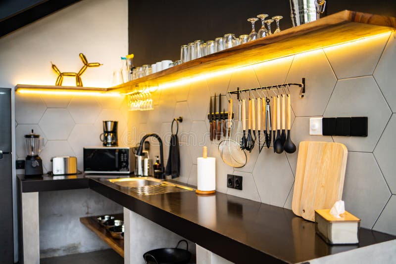 Modern Kitchen with Appliances. Subtle Lighting Stock Photo - Image of ...