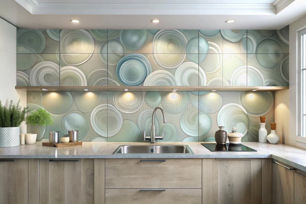Modern Kitchen Backsplash with Abstract Swirling Circle Tile Design and ...
