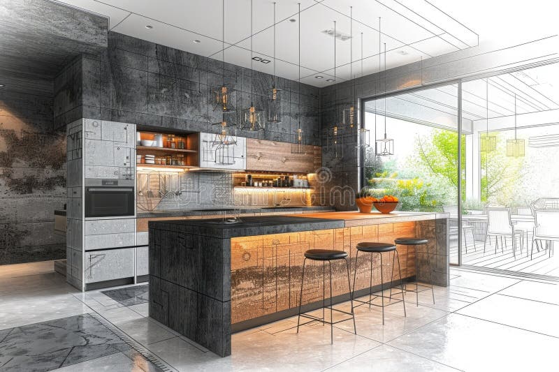 A Modern Kitchen with a Bar Area, Suitable for Social Gatherings or ...