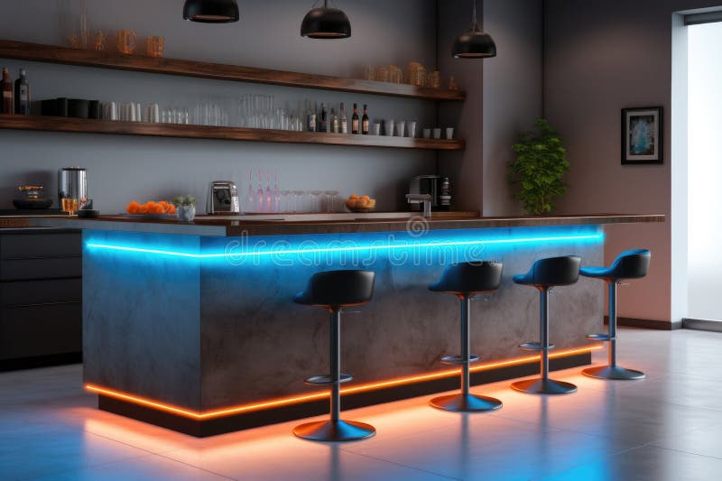 Modern Kitchen with a Bar Counter and Neon Lighting Stock Illustration ...