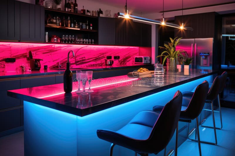Modern Kitchen with a Bar Counter and Neon Lighting Stock Illustration ...