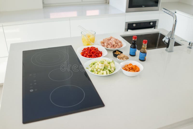 Modern Kitchen in Beautiful Home with Food Ingredients Stock Image ...