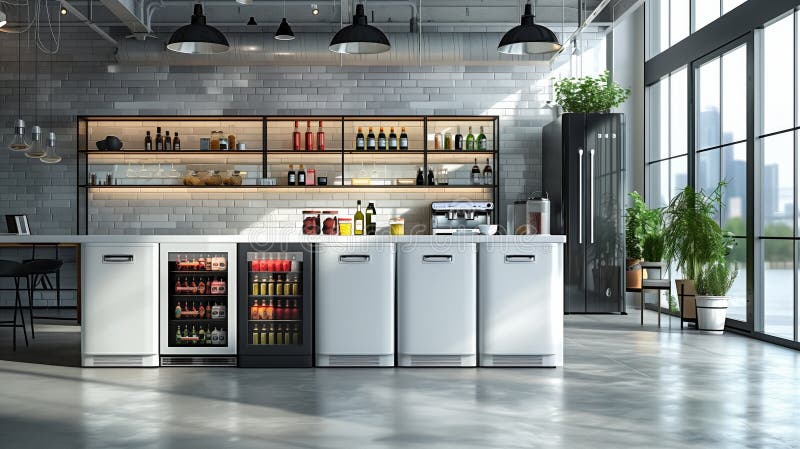 Modern Kitchen with Beverage Refrigerator and Glass Doors Stock Image ...