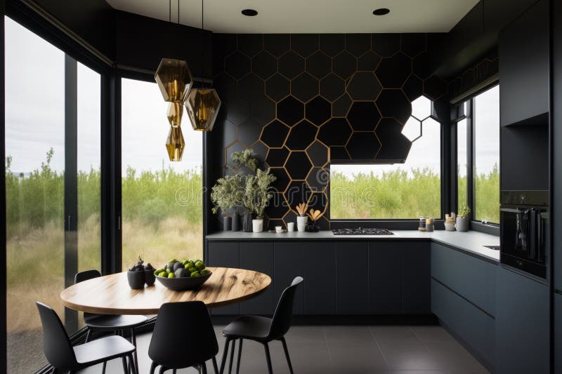 Modern Kitchen with Black Cabinets and Round Table. Generative AI Stock ...