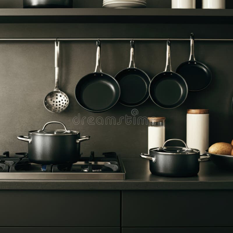 Modern Kitchen with Black Pots and Pans. AI-Generated Stock ...