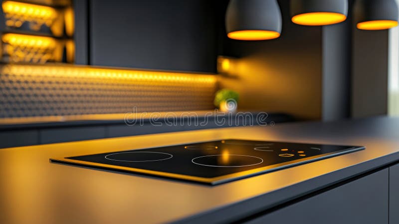 A Modern Kitchen with a Black Stove Top and Three Lights, AI Stock ...