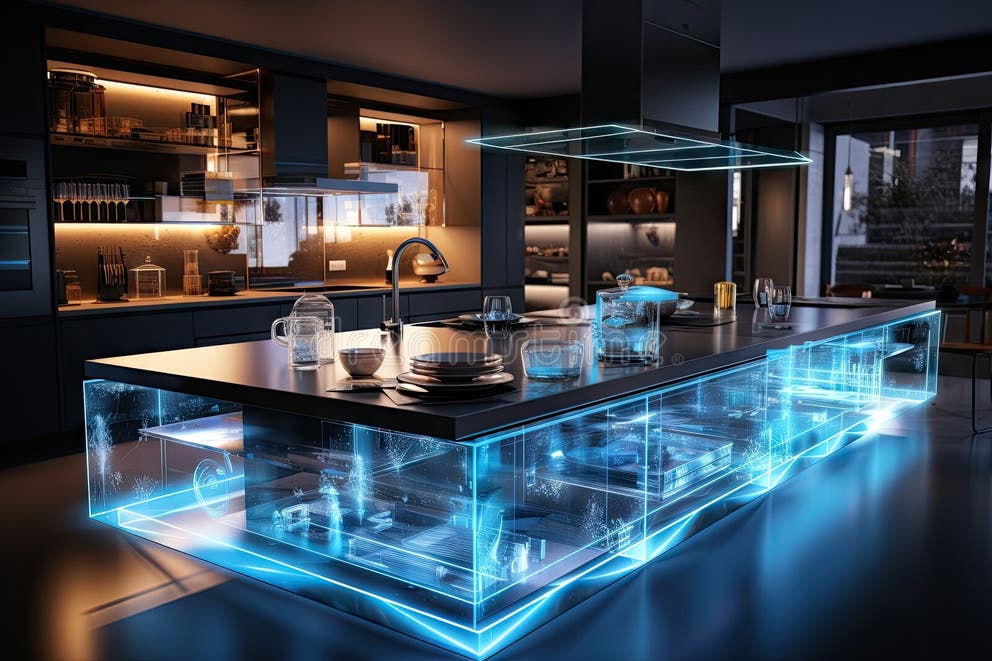 Modern Kitchen with Black and White Counter and Glass Doors. Inside a ...