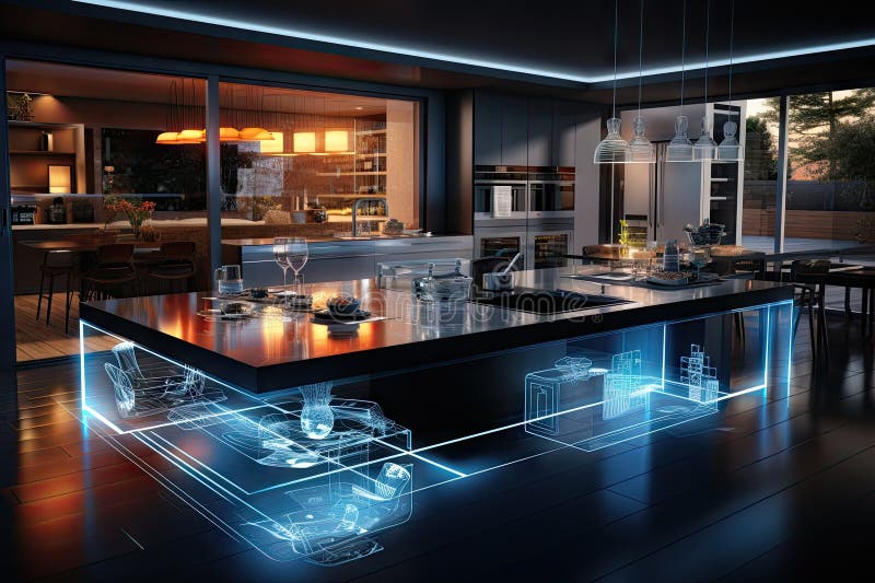 Modern Kitchen with Black and White Counter and Glass Doors. Inside a ...