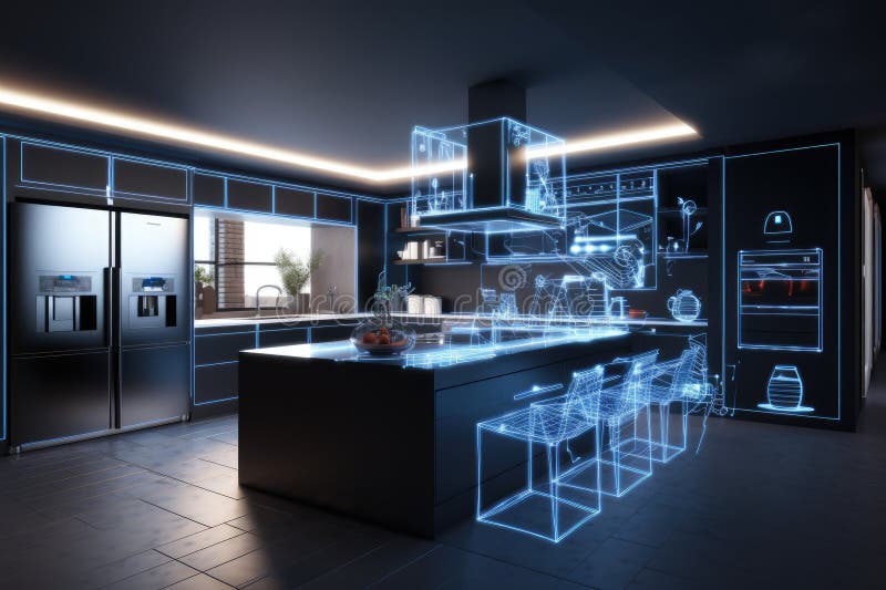 Modern Kitchen with Black and White Counter and Glass Doors. Inside a ...