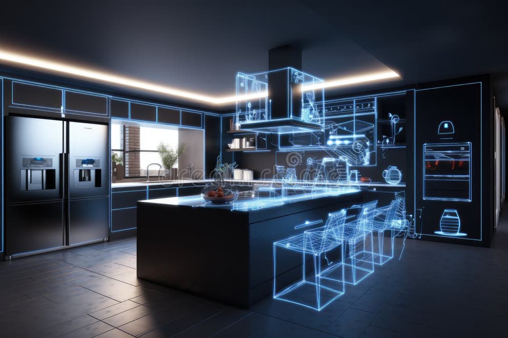 Modern Kitchen with Black and White Counter and Glass Doors. Inside a ...