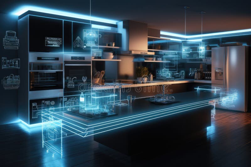 Modern Kitchen with Black and White Counter and Glass Doors. Inside a ...