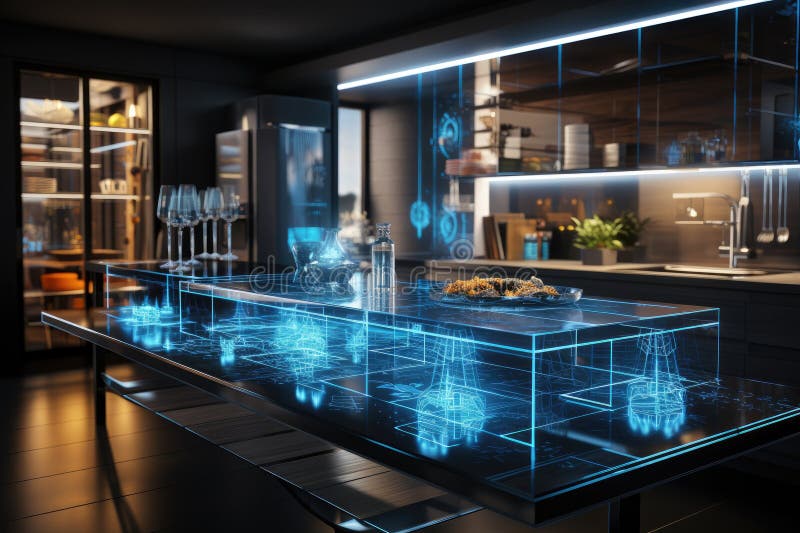 Modern Kitchen with Black and White Counter and Glass Doors. Inside a ...