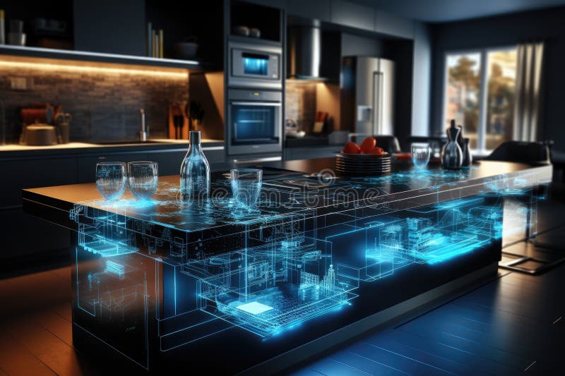 Modern Kitchen with Black and White Counter and Glass Doors. Inside a ...