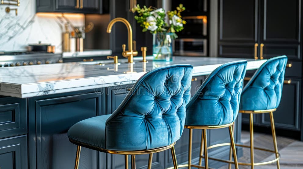 Modern Kitchen with Blue Bar Stools and Marble Countertop. Stock Photo ...