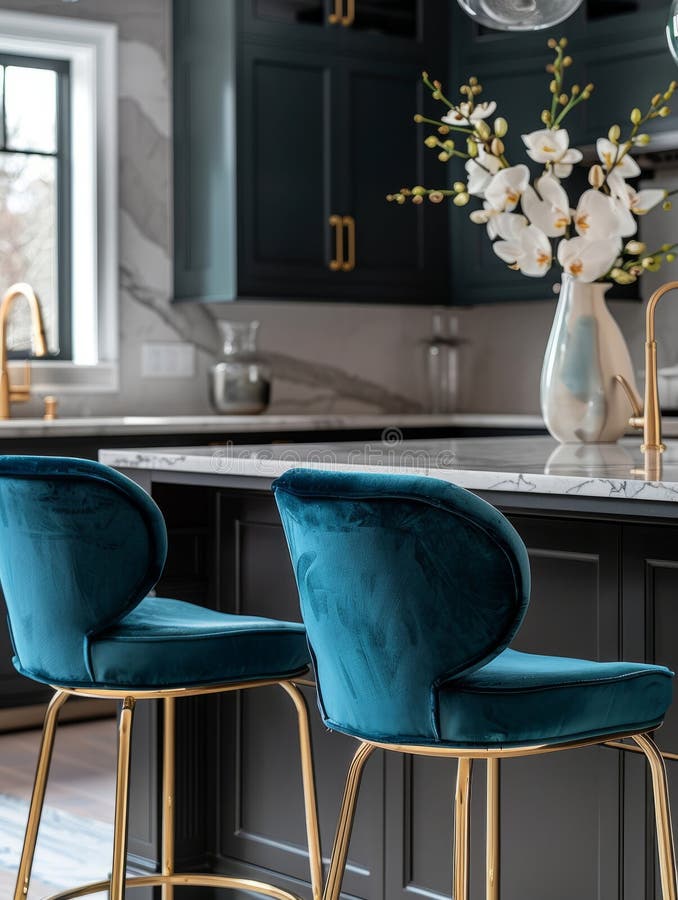 Modern Kitchen with Blue Bar Stools and Marble Countertops. Stock Photo ...