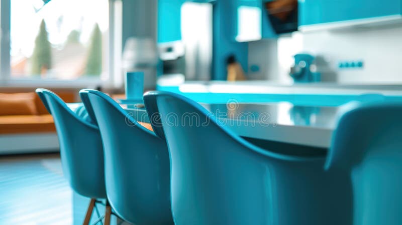 A Modern Kitchen with Blue Chairs and a Counter Stock Photo - Image of ...