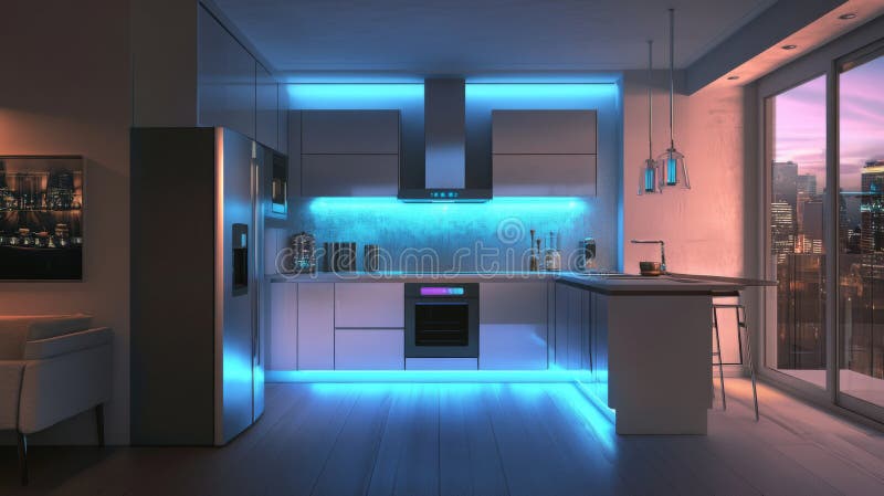Modern Kitchen with Blue LED Lighting and City View Stock Illustration ...