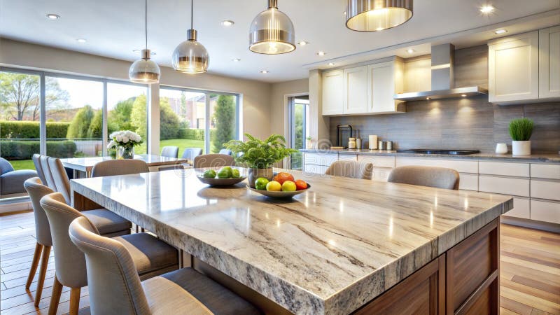 Modern Kitchen Boasts Expansive Granite Island with Seating for Many ...