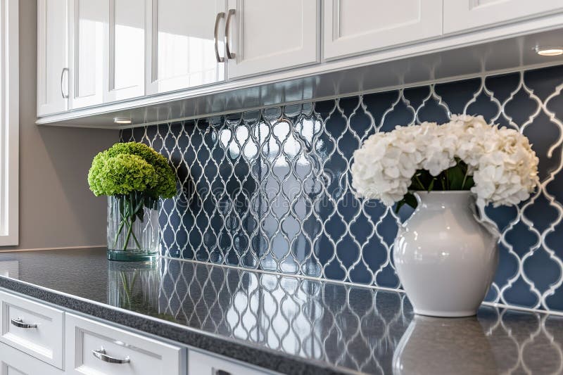 Modern Kitchen with Bold Patterned Backsplash and Floral Decor Stock ...