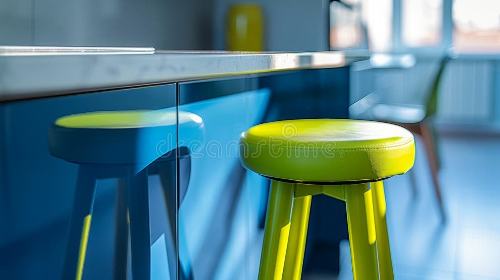 Modern Kitchen with a Bright Green Stool Under a Blue Counter. Stock ...