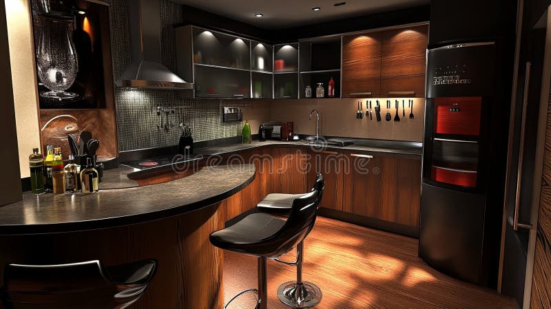 Modern Kitchen with a Built-in Bar Area.. Stock Image - Image of clean ...