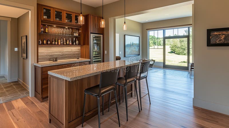 Modern Kitchen with a Built-in Bar Area.. Stock Image - Image of ...