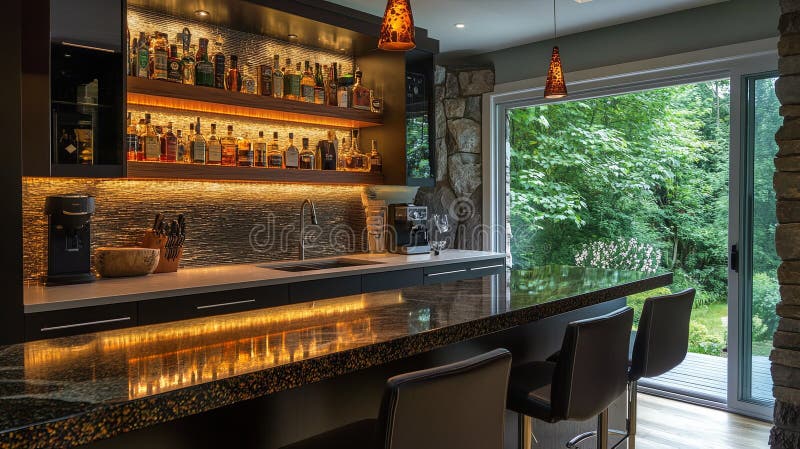 Modern Kitchen with a Built-in Bar Area.. Stock Image - Image of ...