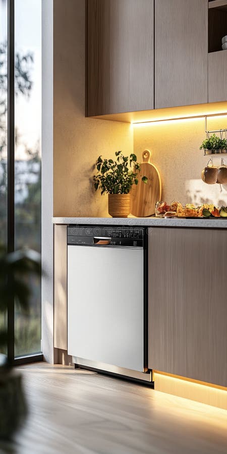 Modern Kitchen with Built-in Dishwasher and Warm Lighting Stock ...