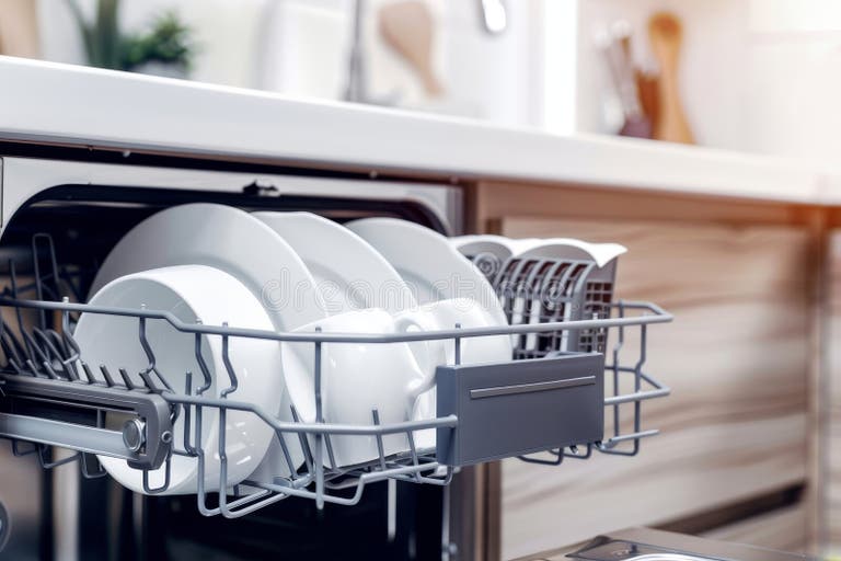 Modern Kitchen with Built-in Electronic Dishwasher and Stack of Used ...