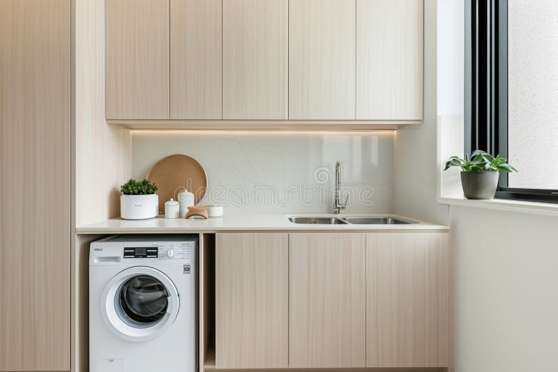 Modern Kitchen with Built-in Washing Machine and Sink. Stock ...