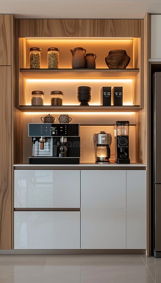 Modern Kitchen Cabinet with Coffee Machine, Lighting Strip, White Light ...