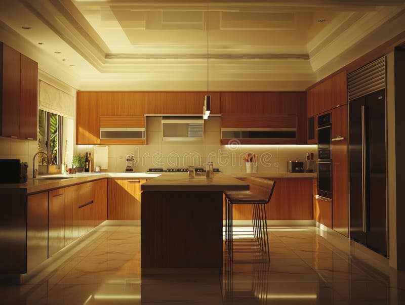 Modern Kitchen with Central Island Stock Image - Image of chairs ...