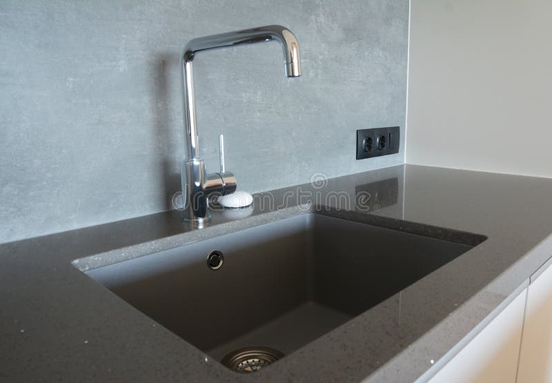 Modern Kitchen Chrome Faucet and Ceramic Kitchen Sink Stock Image ...