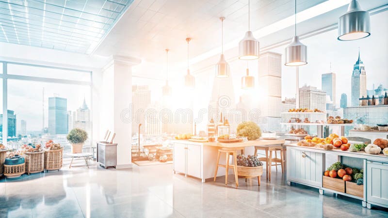 Modern Kitchen with City Skyline View and Fresh Produce Stock ...