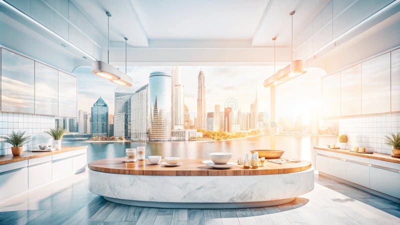 Modern Kitchen with City Skyline View and Sunrise Stock Illustration ...