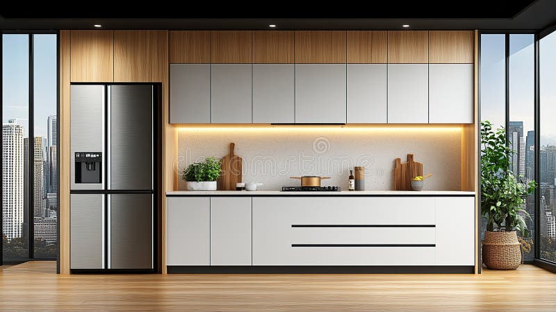 Modern Kitchen with City View, Minimalist Design, Bright Interior Stock ...