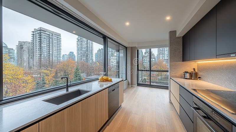 Modern Kitchen with City Views Stock Illustration - Illustration of ...