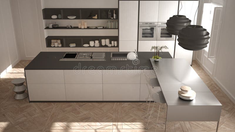 Modern Kitchen in Classic Interior, Island with Stools and Two Big ...