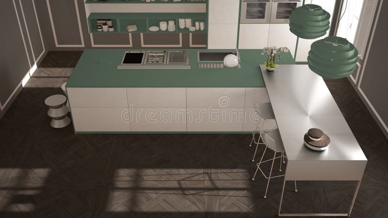 Modern Kitchen in Classic Interior, Island with Stools and Two Big ...