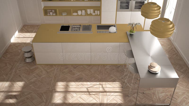 Modern Kitchen in Classic Interior, Island with Stools and Two Big ...