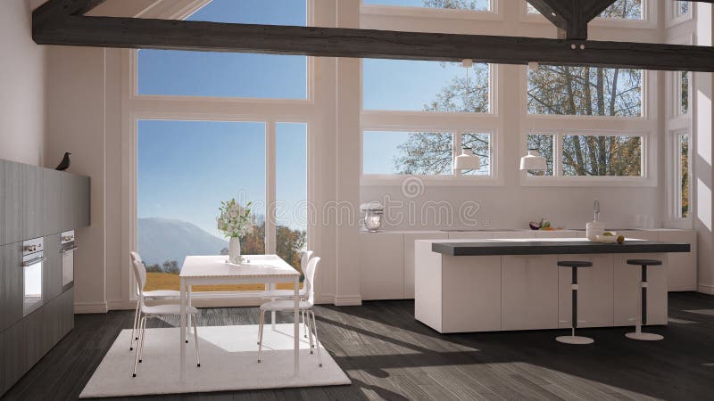 Modern Kitchen in Classic Villa, Loft, Big Panoramic Windows on Stock ...